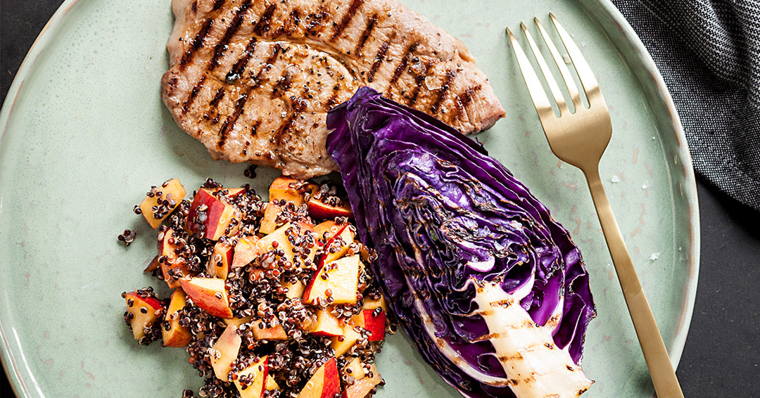 Neck chops with nectarine salad and barbecued cabbage